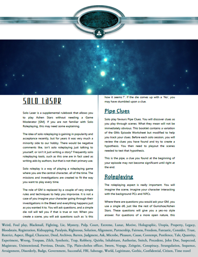 Solo Laser, Ashen Stars Solo Rules - Solo Roleplaying & Game Mastery